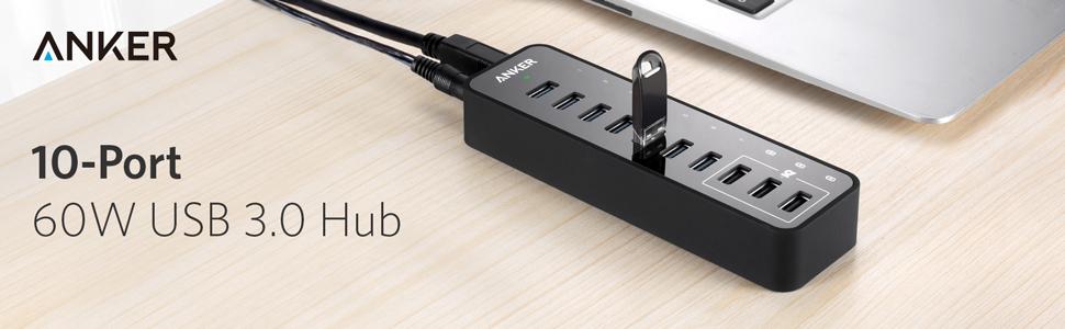 Anker 10-Port 60W USB 3.0 Hub with 7 Data Transfer Ports and 3 PowerIQ ...