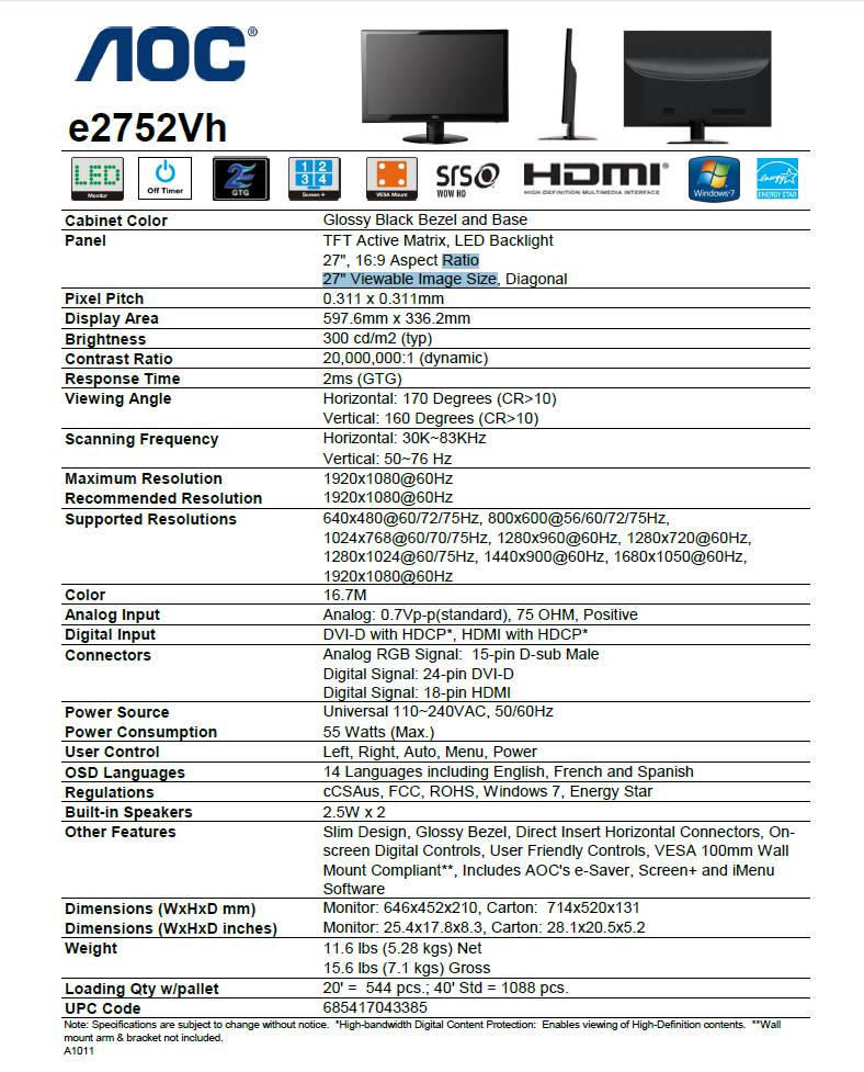 Amazon.com: AOC E2752VH 27-Inch Widescreen LED Monitor - Black ...