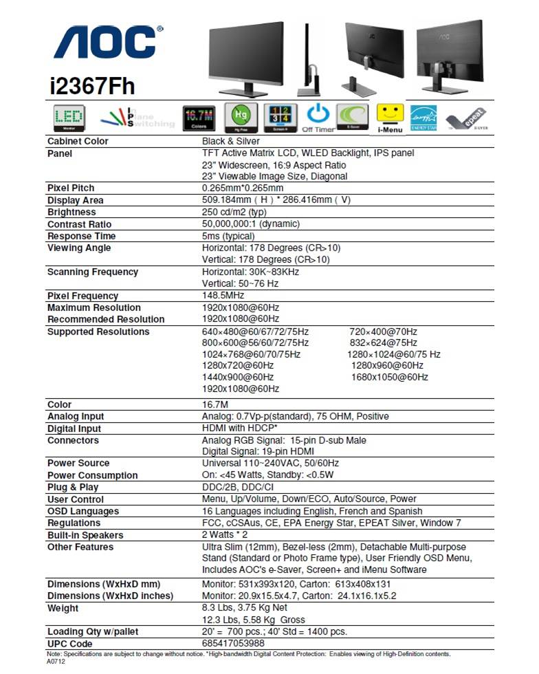 AOC i2367Fh 23-Inch IPS Frameless LED-Lit Monitor, Full HD 1080p, 5ms ...