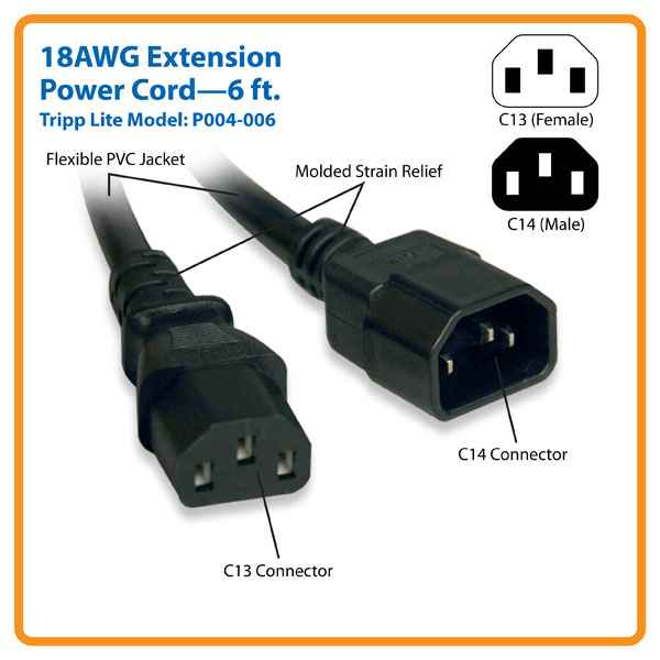 Tripp Lite Standard Computer Power Extension Cord 10A, 18AWG (IEC-320 ...