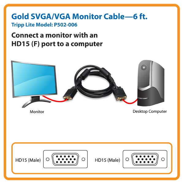 Tripp Lite P502-006 6 Feet SVGA Monitor Gold Cable with RGB Coax HD15M ...