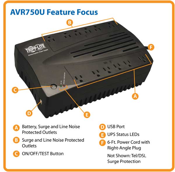 Tripp Lite Avr750U 750Va 450W Ups Desktop Battery Back Up Avr Compact ...