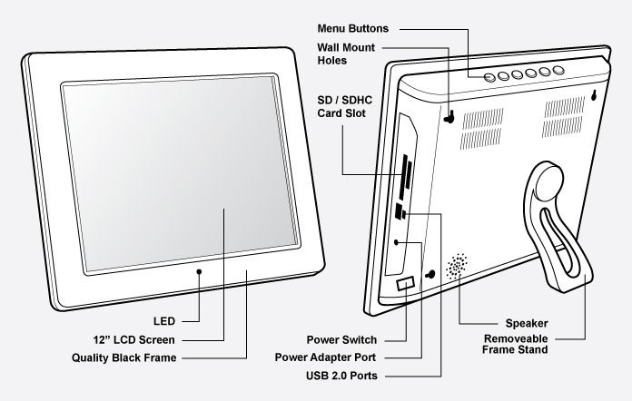 ALURATEK ADMPF512F 12" Digital Photo Frame W/ 512MB Built-in Memory and ...