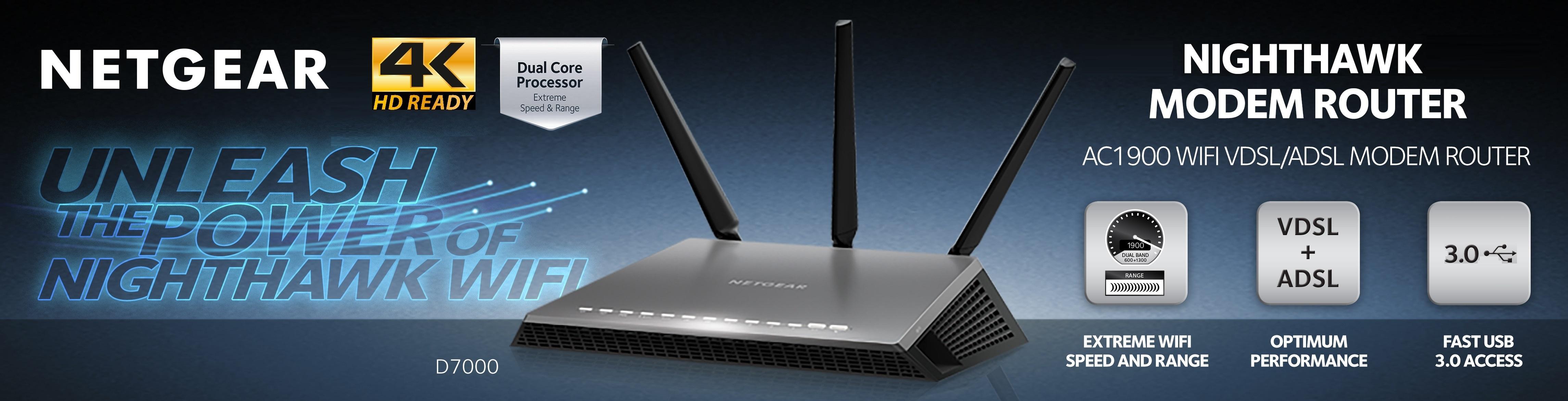 NETGEAR D7000-100UKS Nighthawk AC1900 Dual Band 600 + 1300 Mbps Wireless (Wi-Fi) VDSL/ADSL Modem ...