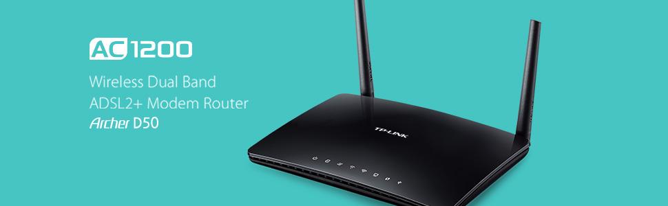 TP-LINK Archer D50 AC1200 Wireless Dual Band ADSL2+ Modem Router (2.4 GHz 300 Mbps, 5 GHz 867 ...