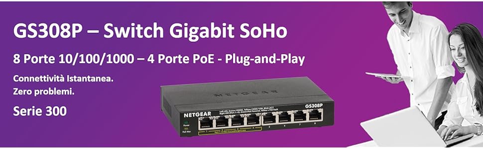 Netgear GS308P Switch Ethernet PoE 8 porte Gigabit, 4 porte PoE e ...