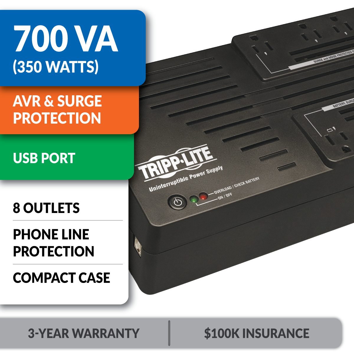 Tripp Lite AVR700U 700VA UPS Battery Backup, 350W AVR Line Interactive ...