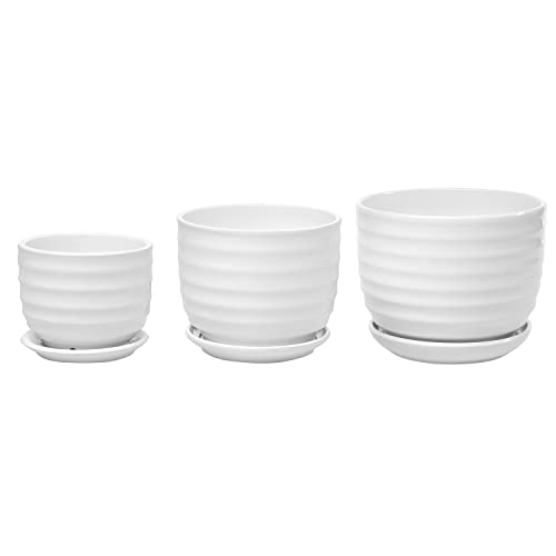 MyGift Modern Ribbed White Ceramic Indoor Plant Pot with Drainage Hole ...