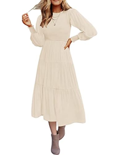 ZOOMOON Women’s Smocked Puff Sleeve Dress 2025 Fall Winter Crewneck ...