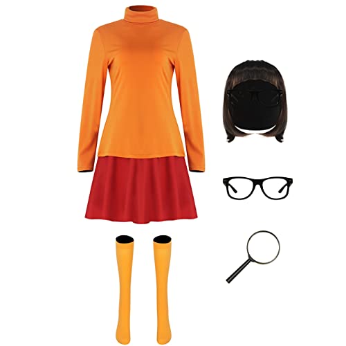 LILLIWEEN Adult Velma Costume Women Velma Brown Bob Wig Black Glasses ...
