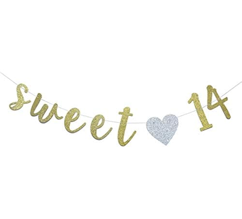 Sweet 14 Banner Gold Glitter with Heart for 14th Birthday Party ...