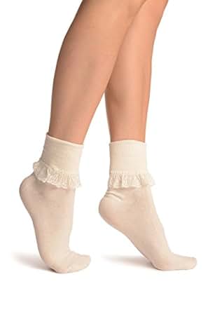 Cream With Cream Lace Trim Ankle High Socks - Socks at Amazon Women’s ...