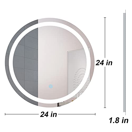HOMHUM 24 x 24 Inch Round LED Mirror, Dimmable Wall Mirror with Lights ...