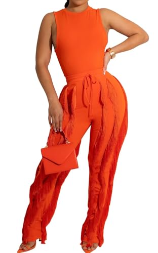 EDITCOZY Women Sexy Two Piece Outfits Fringe Pants Set Tassel Club 2 ...