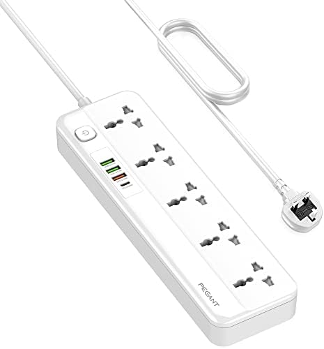 PEGANT 5 Way Power Extension Cord with USB, 1x 20W USB-C PD, 3x USB-A ...