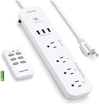 Syantek Remote Control Power Strip with 3 USB Ports, 3 RF Controlled ...