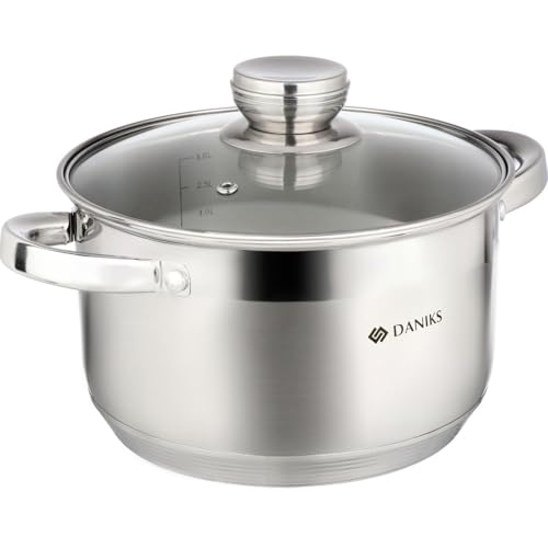Daniks Standard Stainless Steel Stock Pot with Glass Lid – Induction 4 Quart, Dishwasher Safe ...