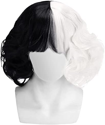 MAKINGTEC Wavy Wig, Black and White Bicolor, Short Wavy Curly Hair, Cos Witch Cruella Cruella ...