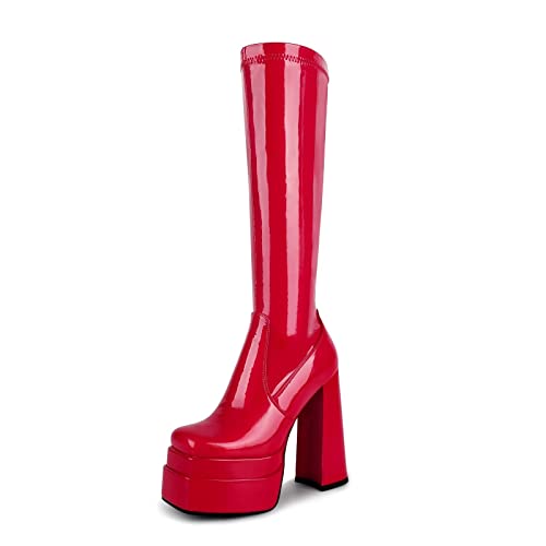 wetkiss Red Platform Boots for Women Knee High Boots Red Gogo Boots ...