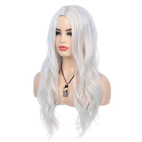 Baruisi Cream White Wigs for Women Long Curly Wavy Synthetic Hair Wig ...