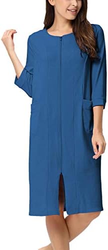 Womens Relaxed Fit Zip-Front Cotton Robe Zipper Bathrobe Navy Blue XL ...