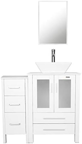 eclife 36” White Bathroom Vanity Sink Combo W/White Side Cabinet Vanity W/Square White Ceramic ...