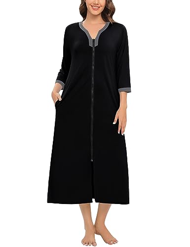 SWOMOG Women Zipper Robe Long Housecoat Zip Up Bathrobes Full Length ...