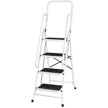 LivingSURE 354173 Folding Four Step Ladder with Handrails, Tier, White ...