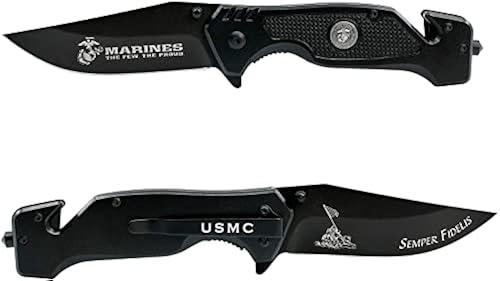 USMC Black Tactical Folding Knife-3.5 Inch Blade Marine Rescue ...
