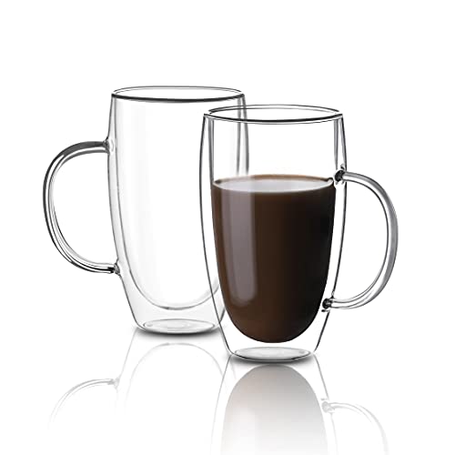 ZONEYILA Double Wall Glass Coffee Mugs Set with Handle, 15oz Tea Cups ...