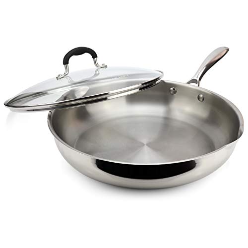 AVACRAFT 18/10 12 Inch Stainless Steel Frying Pan with Lid, Side Spouts ...