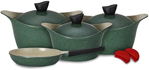 Lahoya 9 Pcs Ceradeux/Granite Cookware Set Aluminum Kale Green Marble ...