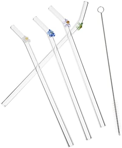 Glass Straw with Brush- 4pcs Clear Straws with Small Flower Design ...
