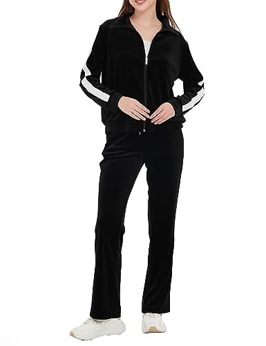 POPDM Womens Velour Tracksuits 2 Piece Long Sleeve Full Zip Velvet Sweatsuits Hoodie and ...