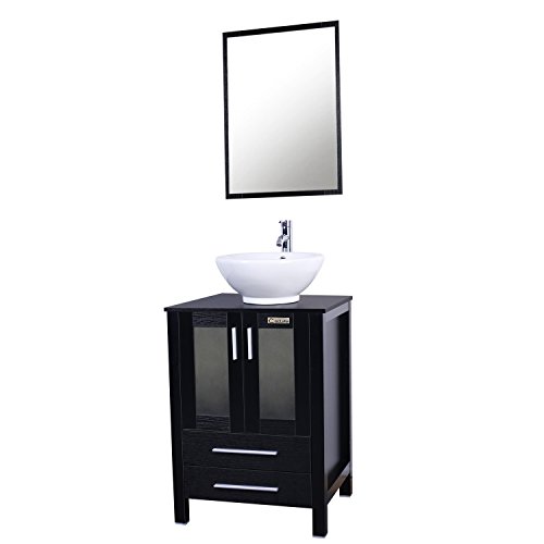 eclife 24'' Modern Bathroom Vanity and Sink Combo Stand Cabinet,White Round Ceramic Vessel Sink ...