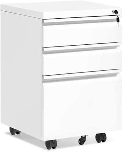 White File Cabinet, 3 Drawer Mobile File Cabinet with Lock and Wheels ...