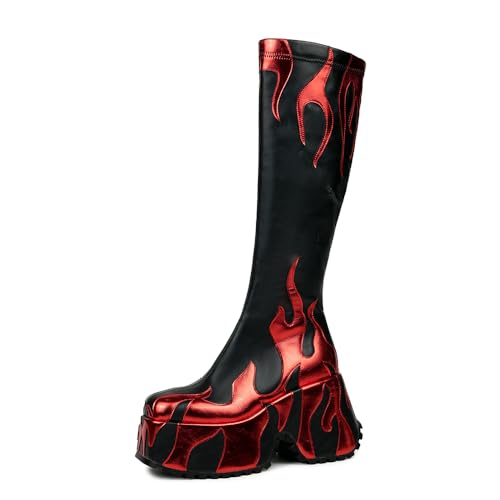 HiColor women’s side zipper high heeled red Flames printing thick sole ...