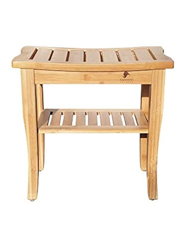 Bamboo Shower Bench, Spa Bath Seat Stool with 2-Tier Storage Shelf ...