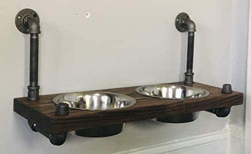 Amazon.com: Large 2 Bowl Floating Wood Elevated Wall Mounted Dog Bowl ...