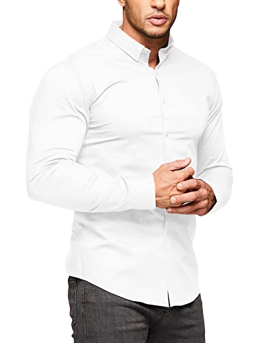 URRU Men's Muscle Dress Shirts Slim Fit Stretch Long Sleeve Casual Button Down Shirts White L ...