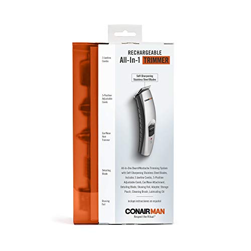 ConairMAN All-in-1 Mustache & Beard Trimmer for Men, Cordless/Rechargeable Facial Trimmer ...
