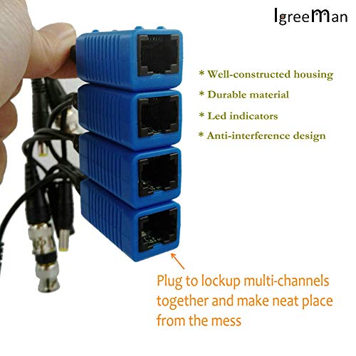 Igreeman 4 Pair Passive Video Balun BNC to RJ45 Adapter with Power (Upgraded Solution) Full HD ...