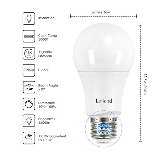 Linkind Dimmable A19 LED Light Bulbs, 100W Equivalent, E26 Base, 5000K ...