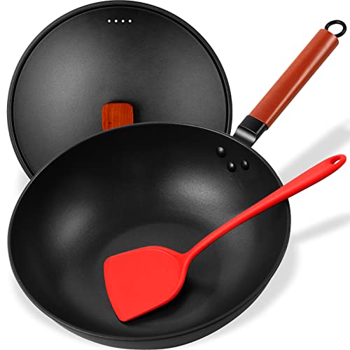 Anyfish Nonstick Wok 13 inch Stir-fry Wok Pan with Lid Pre-seasoned ...
