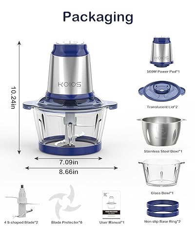 KOIOS 500W Powerful Electric Food Processor with 8 Cup Stainless Steel & Glass Bowls, 2 Speed ...