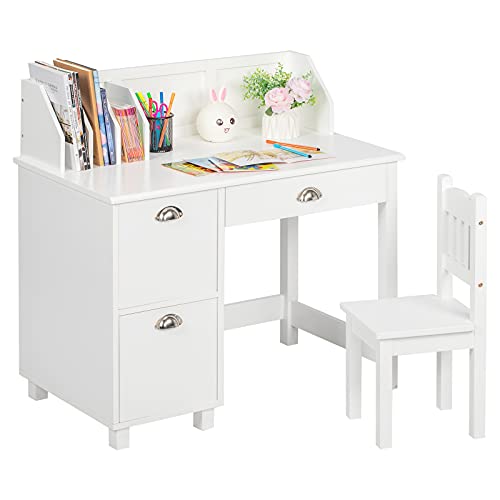 JOYMOR Kids Desk and Chair Set, Wooden Children Study Table with Hutch ...