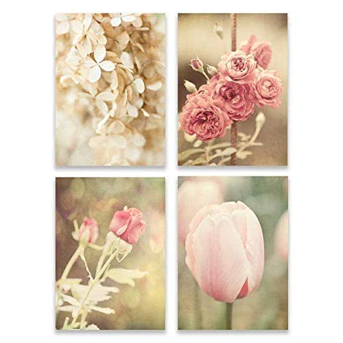 Amazon.com: Shabby Chic Pink Wall Art Set of 4 5x7" Floral Prints ...