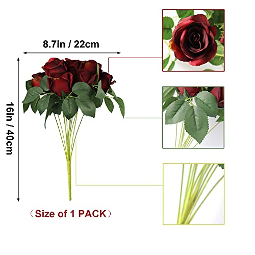 Vitalili 2 Bunches of Artificial Burgundy Rose Flower Bouquets 24 Heads ...