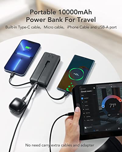 VRURC Portable Charger with Built-in Cables & AC Wall Plug, 22.5W Fast Charging 10000mAh Battery ...