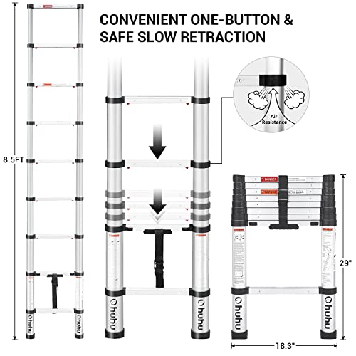 Ohuhu 8.5 FT Aluminum Telescoping Ladder, One-Button Retraction Heavy Duty Extension Ladder for ...